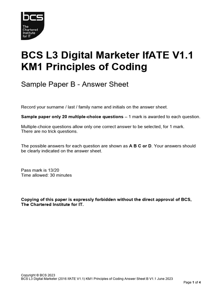 BCS L3 Digital Marketer IfATE V1.1 KM1 Principles of Coding Sample Paper Answer Sheet B V1.1 ...