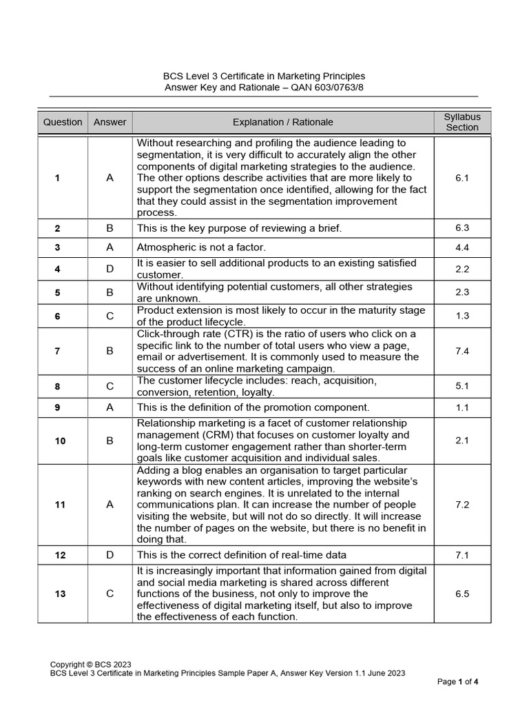 BCS L3 Certificate in Marketing Principles Sample Paper A Answer Key v1 ...
