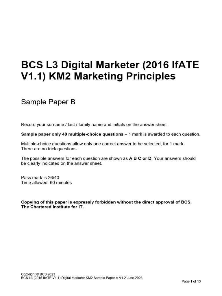 BCS L3 Digital Marketer IfATE V1.1 KM2 Marketing Principles Sample ...