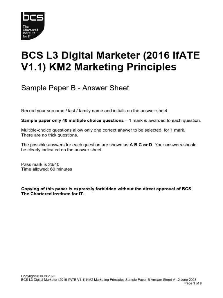 BCS L3 Digital Marketer IfATE V1.1 KM2 Marketing Principles Sample Paper B Answer Sheet V1.2 ...