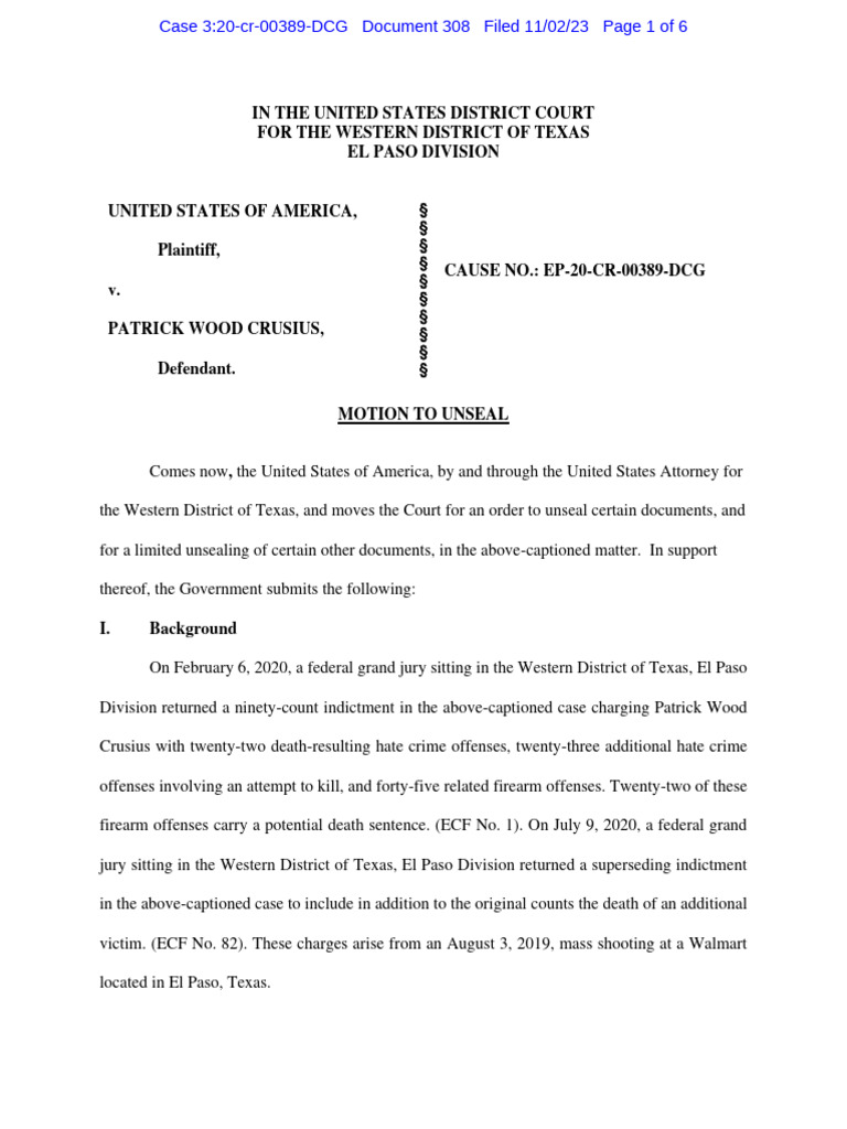 Patrick Crusius Federal Prosecution Motion To Unseal | PDF | Crimes ...