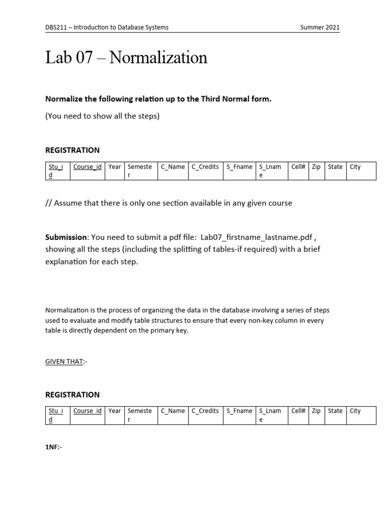 Dbs211 Lab07 Normalization 2 Pdf Cybernetics Information