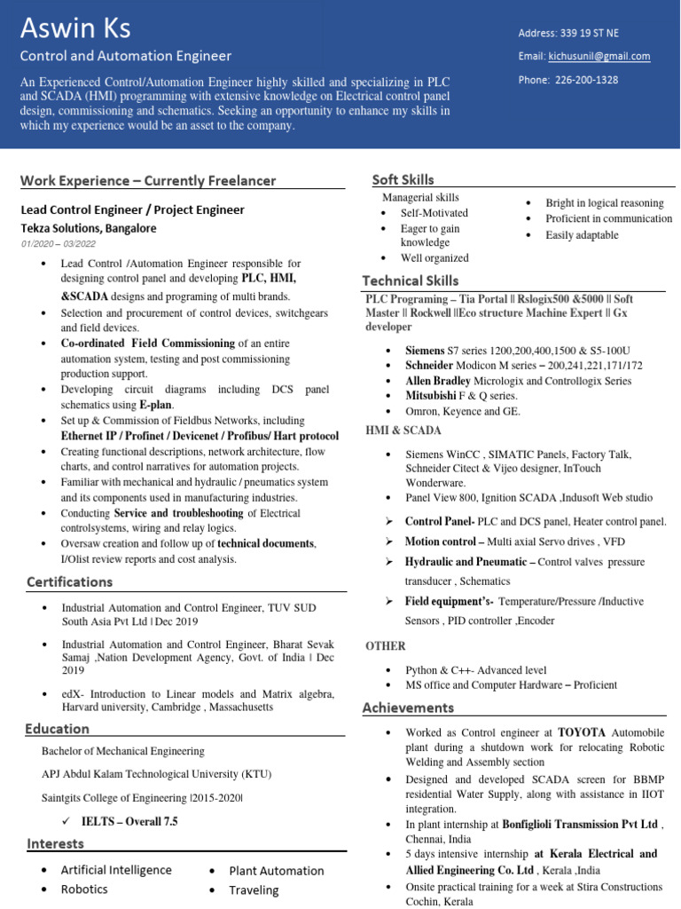 Aswin Ks - Certified Control and Automation Engineer | PDF | Programmable Logic Controller ...