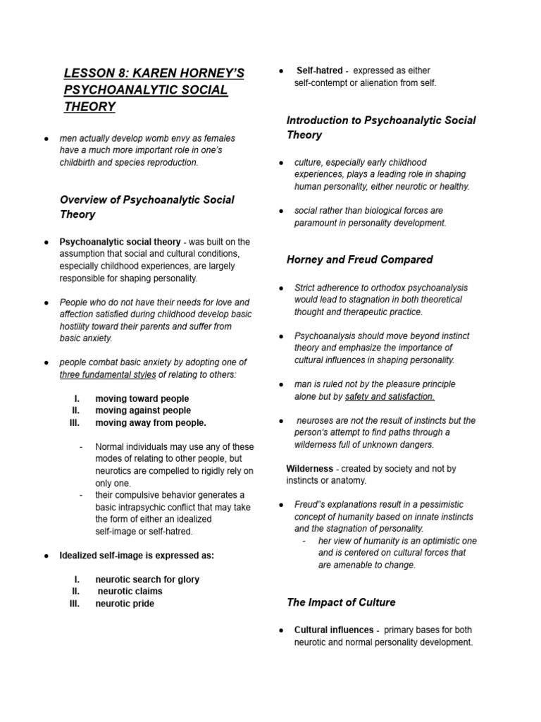 Reviewer in TOP (KAREN HORNEY'S PSYCHOANALYTIC SOCIAL THEORY) | PDF | Psychoanalysis | Neurosis