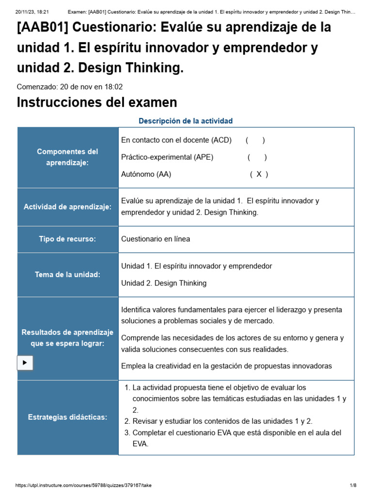 Examen_ [AAB01] Cuestionario_ Evalúe su aprendizaje de la unidad 1. El espíritu innovador y ...