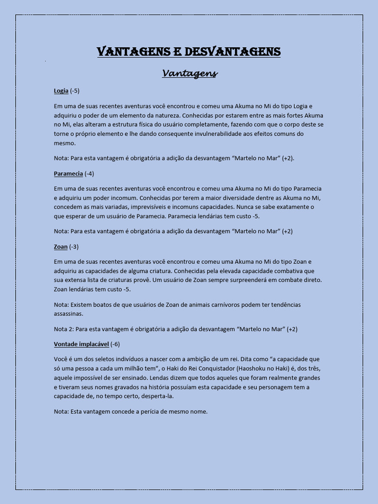 One Piece RPG Vantagens e Desvantagens | PDF | Tempo