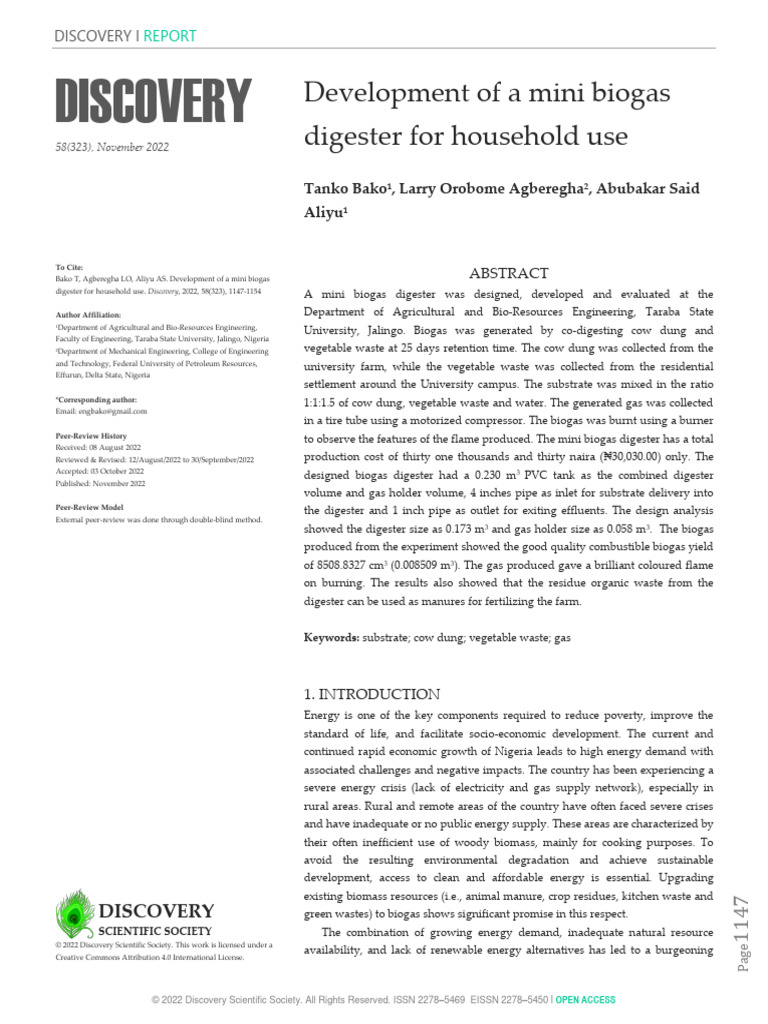 Discovery: Development of A Mini Biogas Digester For Household Use ...