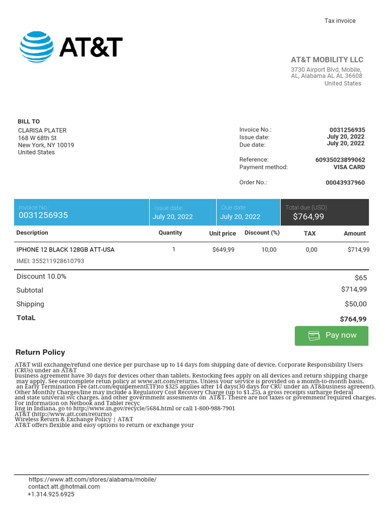 AT&T iPhone 12 Purchase Receipt | PDF | At&T Mobility | Receipt