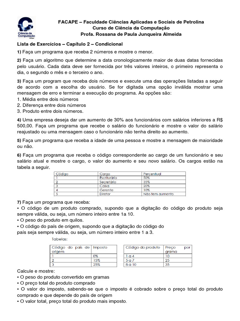 Exercícios Cap. 2 - Condicional | PDF