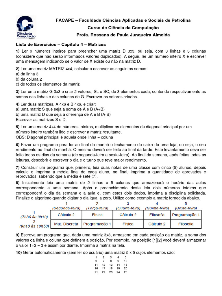 Exercícios Cap. 4 - Matrizes | PDF | Matriz (Matemática) | Informática