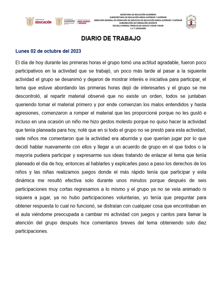 Ejemplo de Diario de Trabajo | PDF | Educación de la primera infancia
