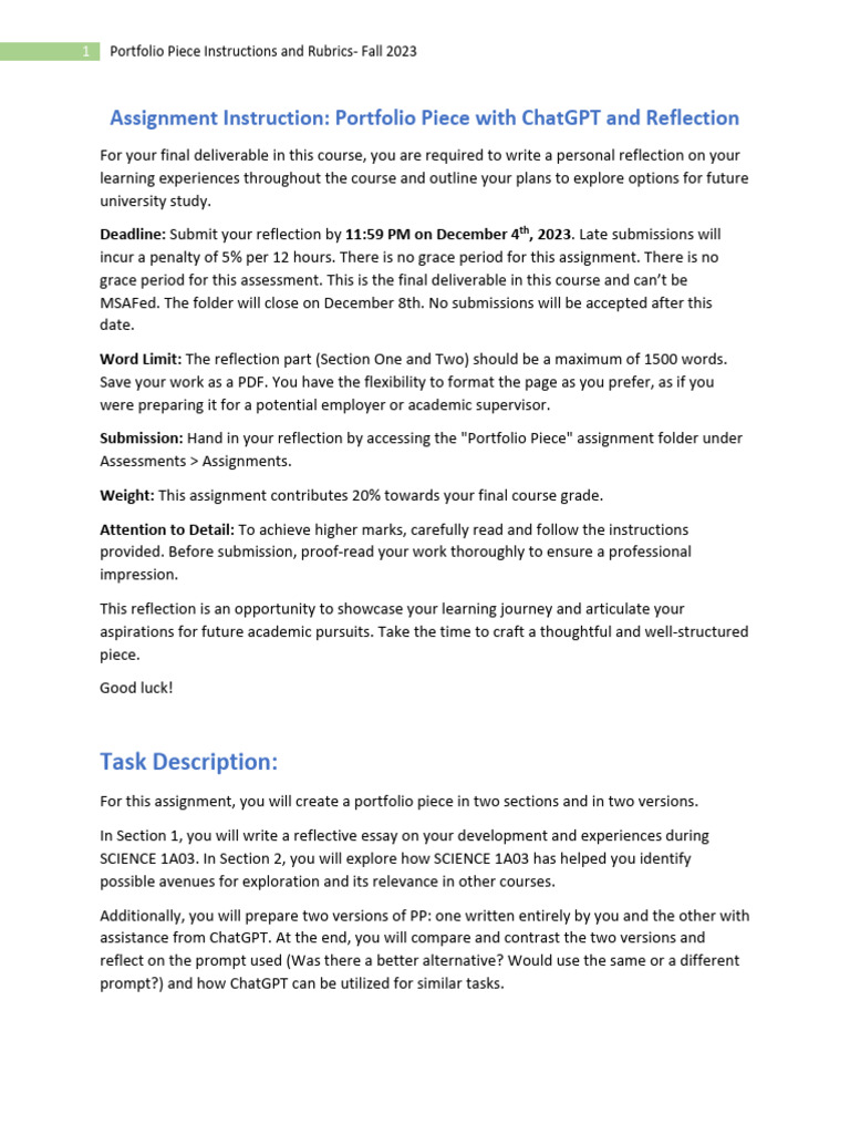 Portfolio Piece Instructions for SCIENCE 1A03 | PDF | Rubric (Academic ...