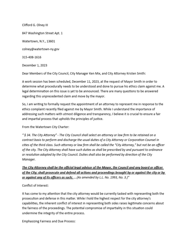 Councilman Cliff Olney - Formal Request For Legal Representation by The ...