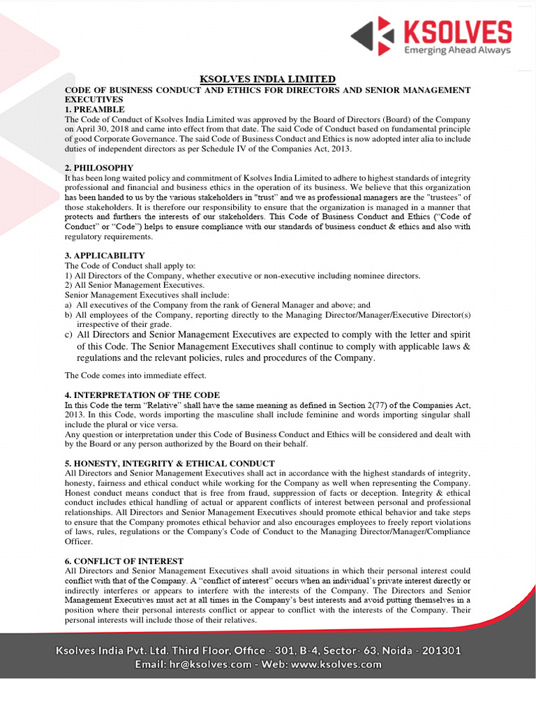 4 Code of Conduct For Director and Senior Executives | PDF | Board Of ...