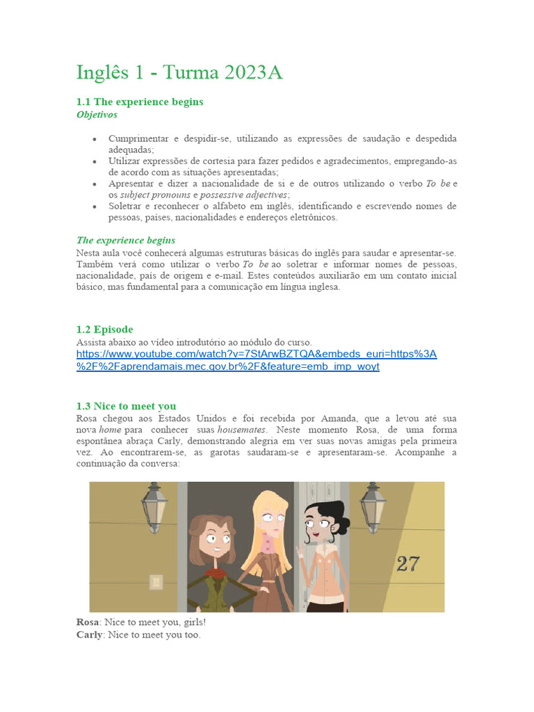 Inglês 1 | PDF | Assunto (gramática) | Plural