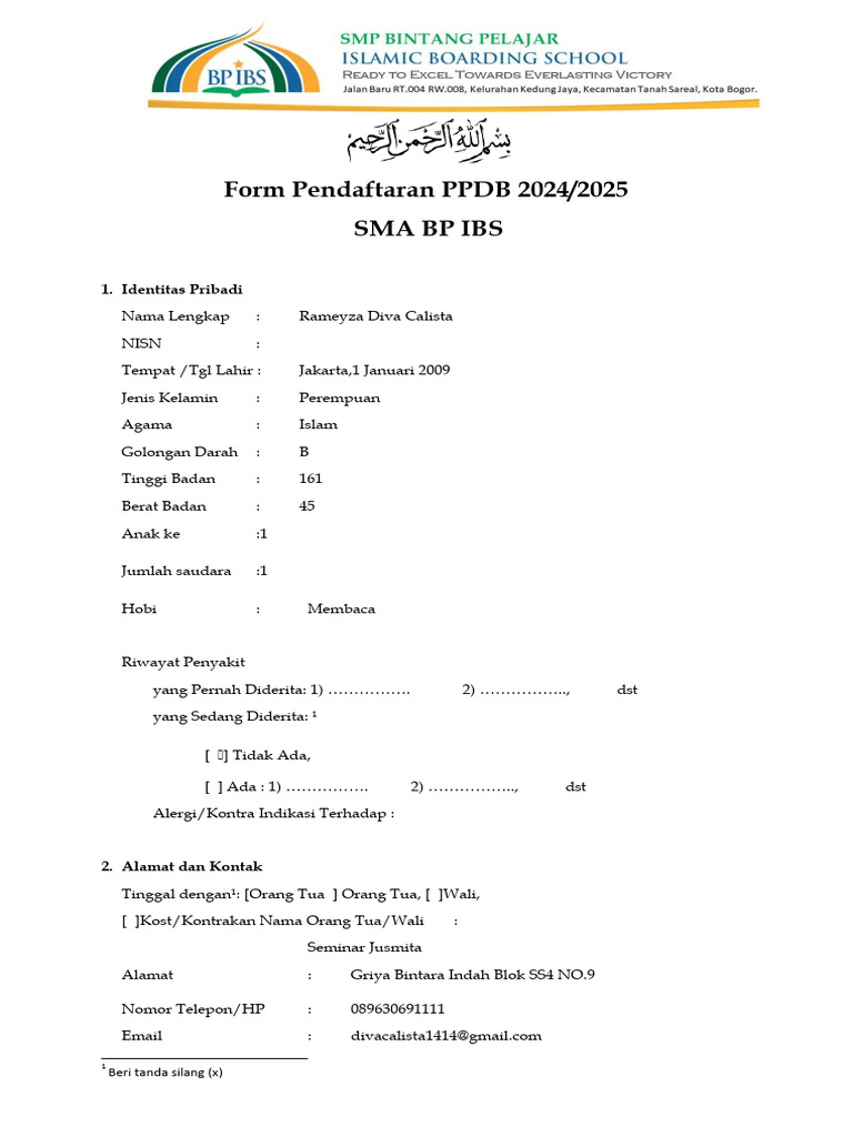 Form Pendafataran SMA BPIBS TP 2024 2025 | PDF | Karier & Perkembangan