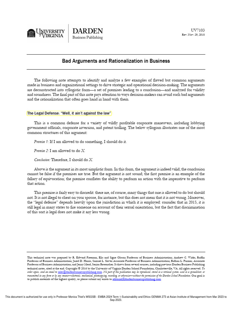 S1-S2 Bad Arguments and Rationalization in Business | PDF | Argument | Fallacy