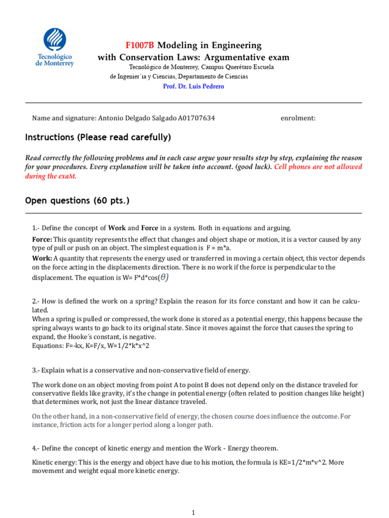 f1007b Exam - en Antonio Delgado A01707634 | PDF | Rotation Around A Fixed Axis | Buoyancy