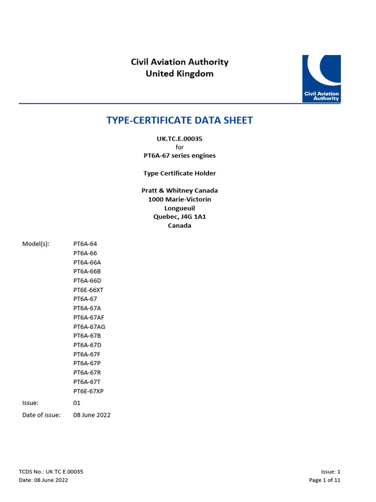 UK - TC.E.00035 Issue1 Pratt and Whitney PT6A-67 Series Engines (PDF ...