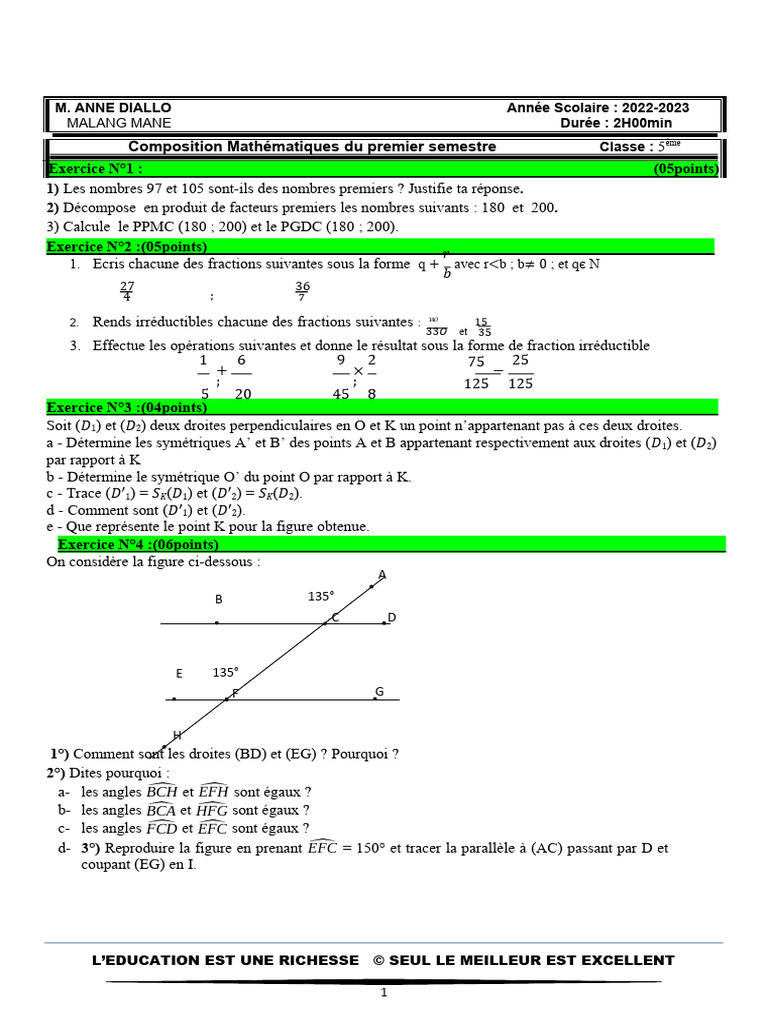 Composition Maths 5ème Semestre 1 2022-2023 | PDF | Mathématiques