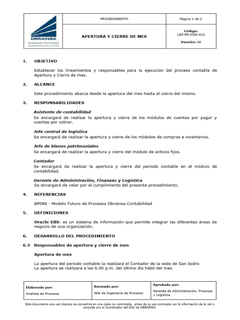 LIM-PR-CON-012 v00 Apertura y Cierre de Mes | PDF | Contabilidad | Business