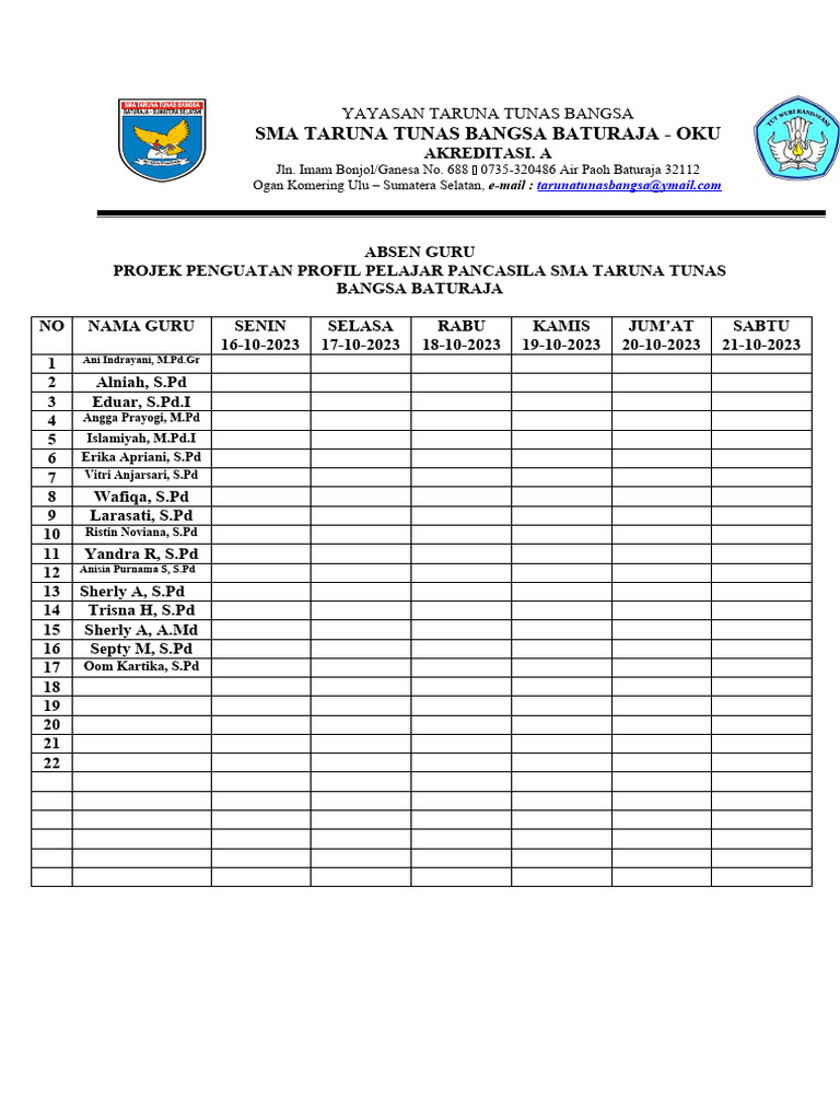 Absen Guru SMA Taruna Tunas Baturaja | PDF