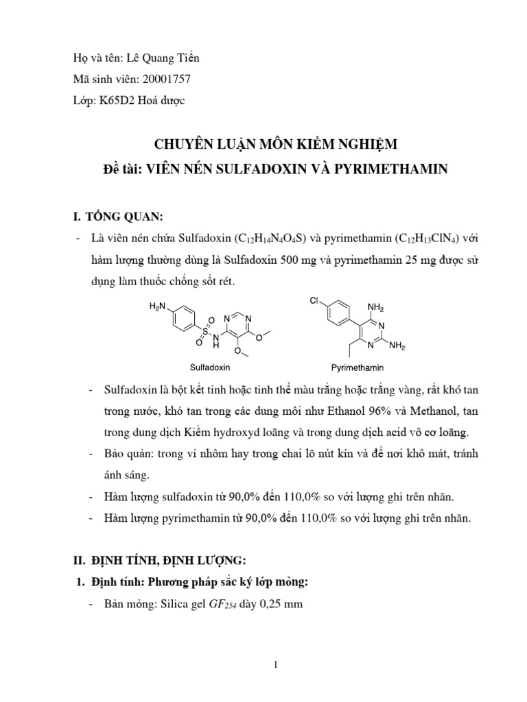 Chuyên Luận Môn Kiểm Nghiệm Đề Tài: Viên Nén Sulfadoxin Và Pyrimethamin ...