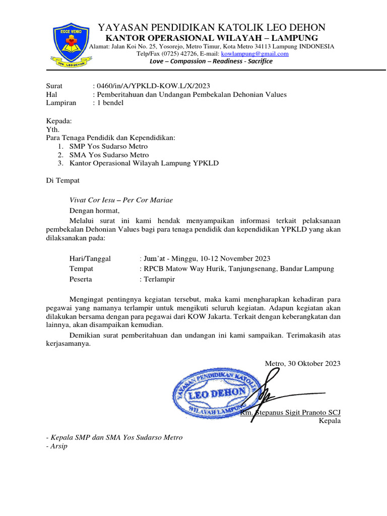 Undangan Pembekalan Dehonian Values | PDF