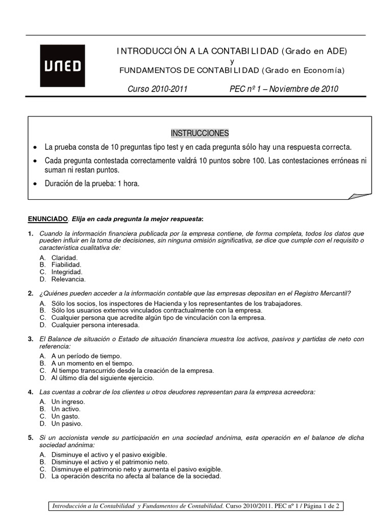 PEC nº1 - Enunciado y soluciones | PDF | Contabilidad | Hoja de balance