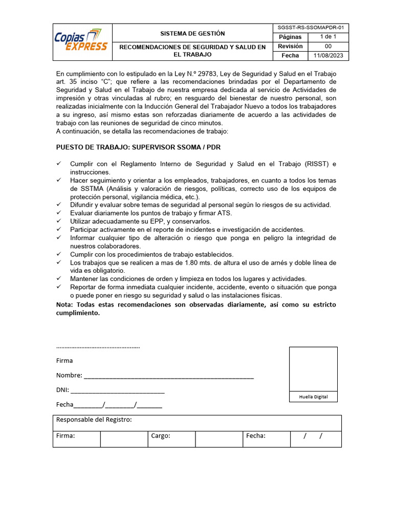 Cartilla de Recomendaciones Supervisor de Ssoma PDR | PDF | Valores