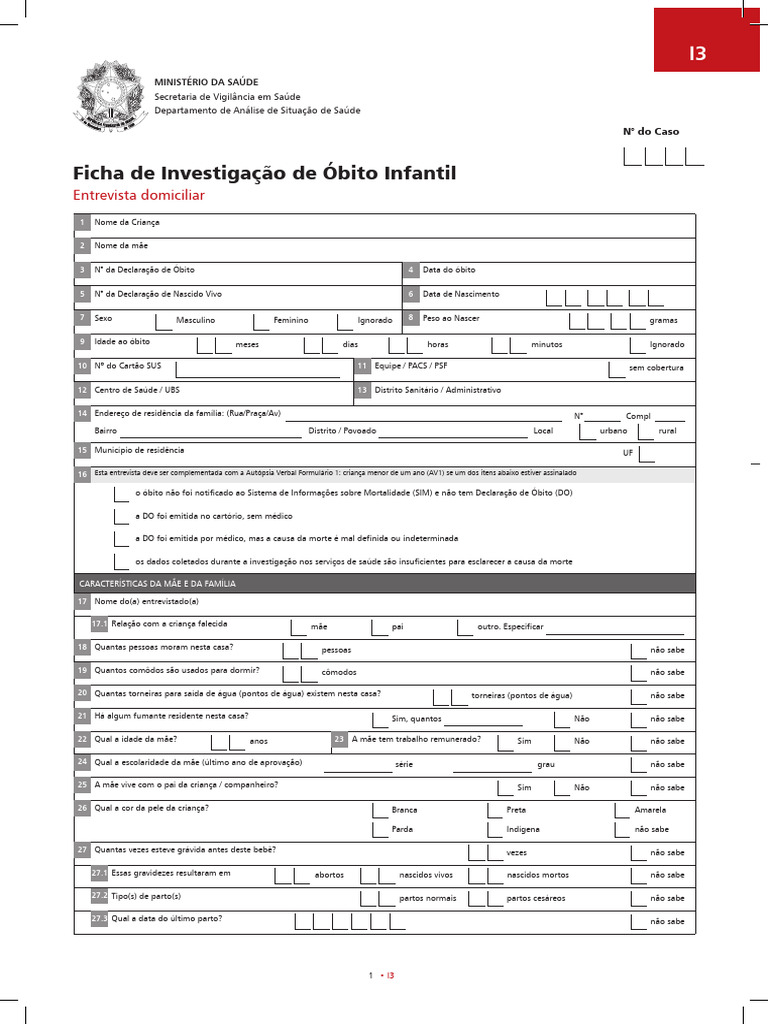 I3 Ficha Investigacao Obito Infantil Entrevista Domiciliar | PDF | Gravidez | Morte