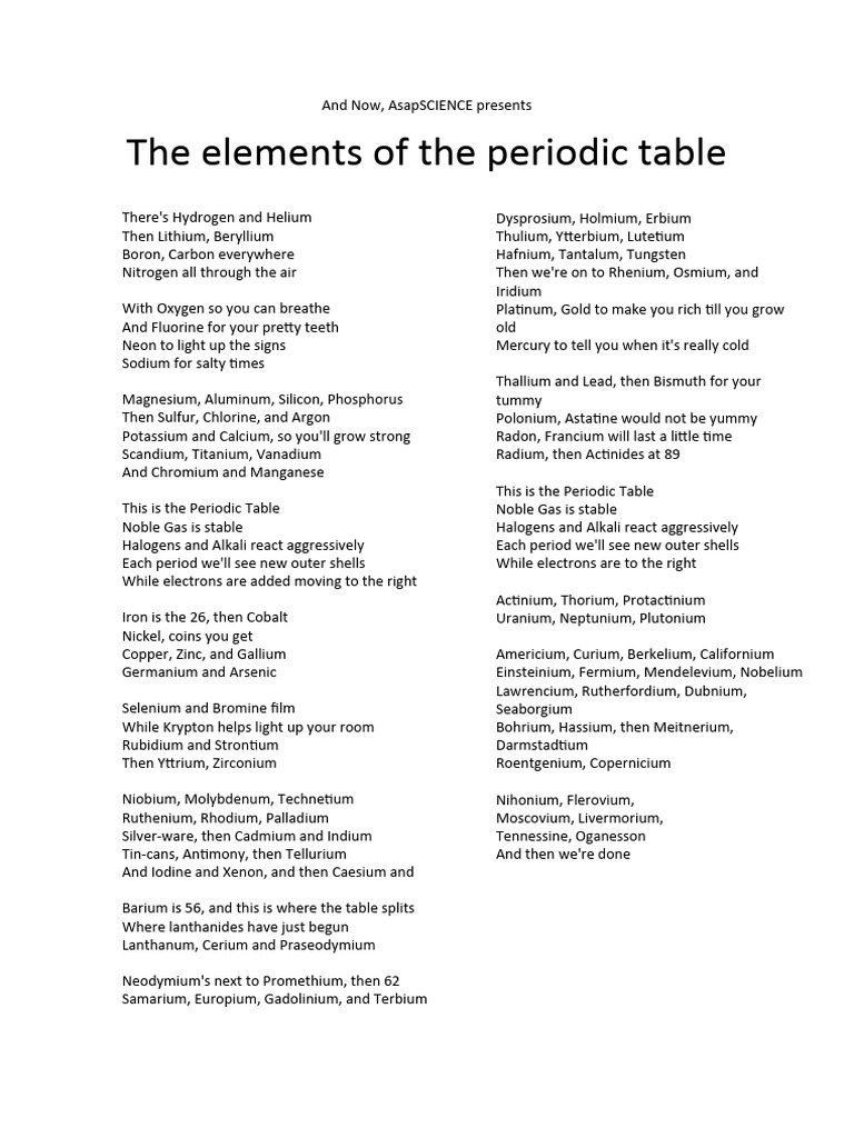 The New PEriodic Table Song | PDF | Periodic Table | Metals