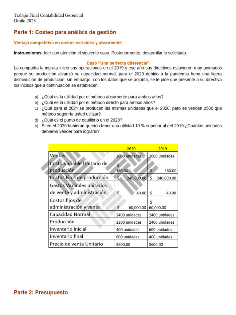 Trabajo Final Contabilidad Gerencial Otoño 2023 | PDF | Presupuesto | Economias