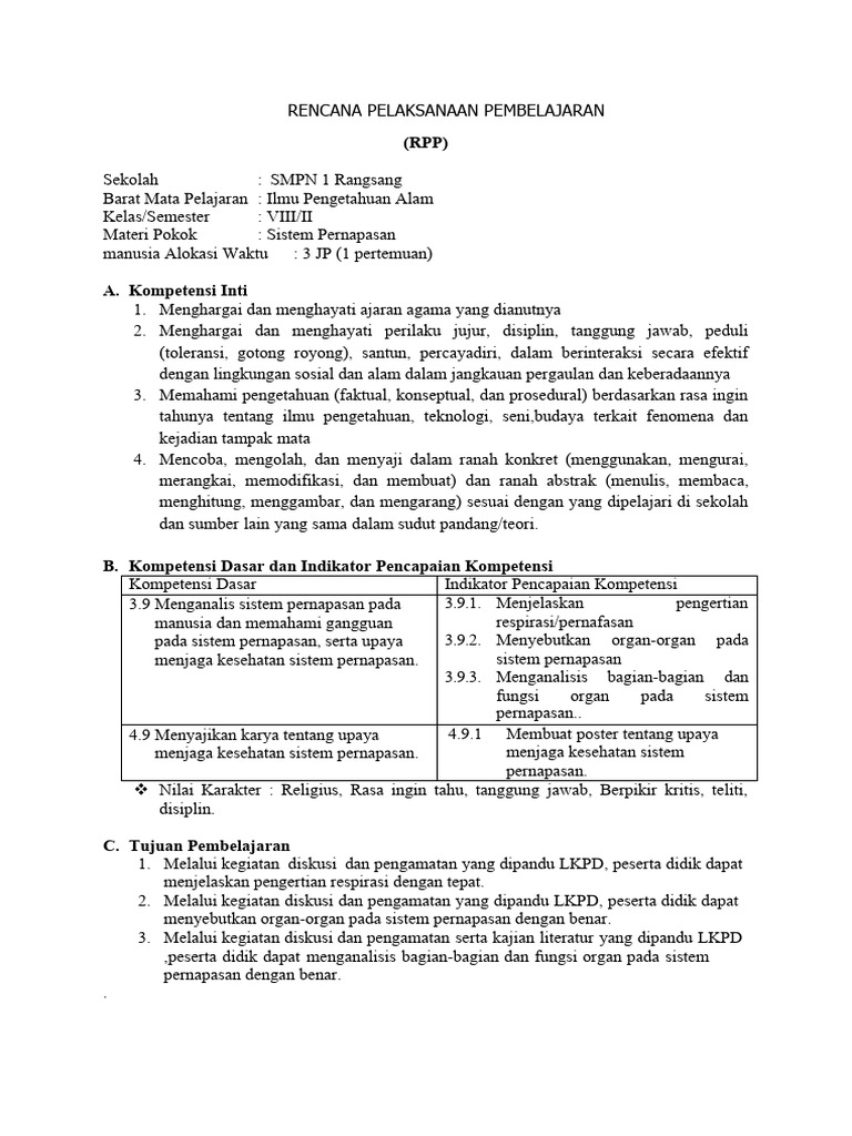 RPP Sistem Pernapasan Manusia Kelas 8 SMP | PDF