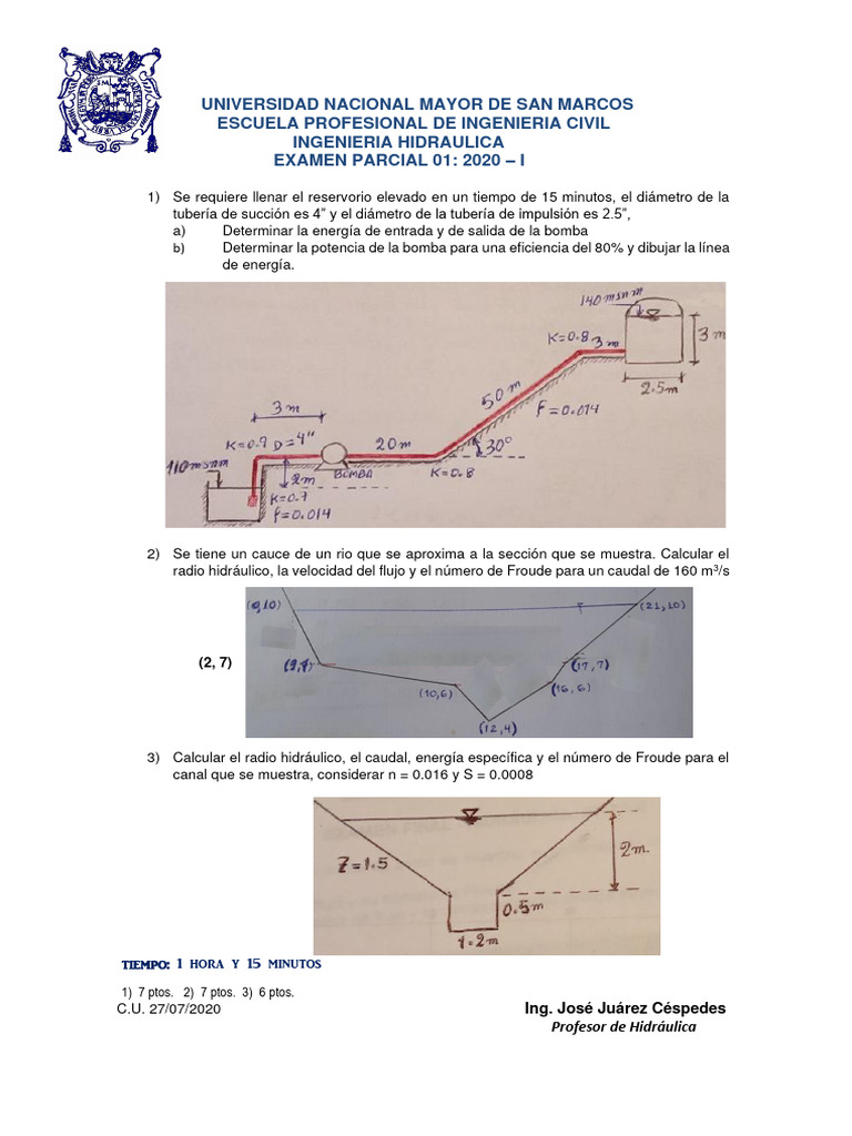 Examen Parcial - Ingenieria Hidraulica 2020-I | PDF