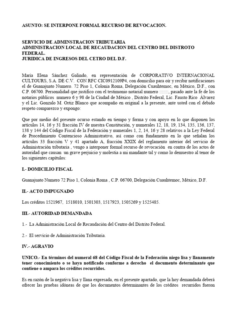 Modelo de Recurso de Revocación - Sat | Descargar gratis PDF | Demanda judicial | Fiscal