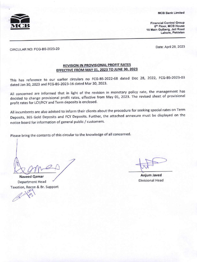 Circular No Fcg-bs-2023-20 Revised Provisional Profit Rates Effective 