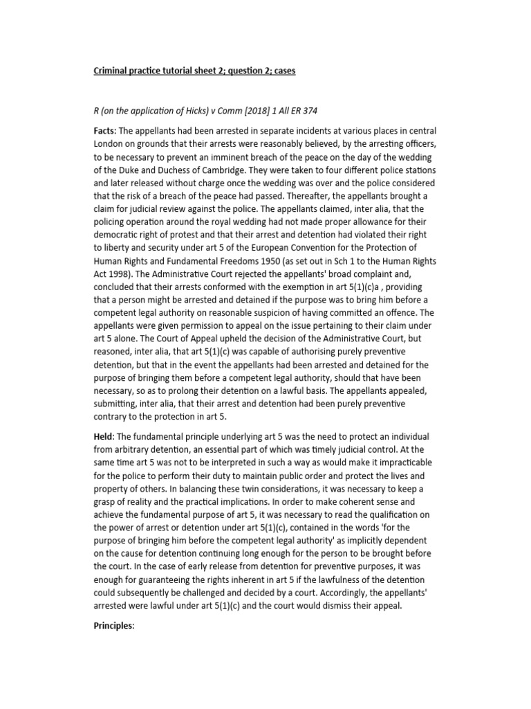 Criminal Practice Tutorial Sheet 2 Cases | PDF | Arrest | Detention ...