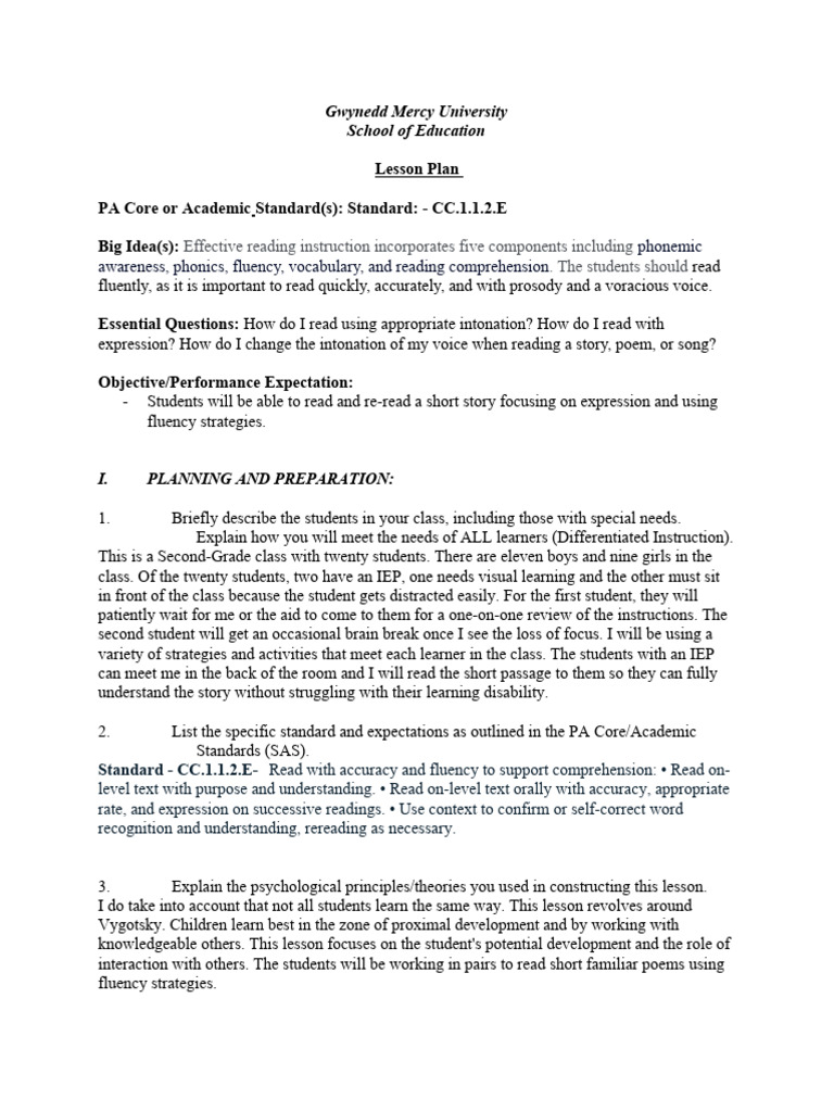 Gwynedd Mercy Fluncy Lesson Plan | PDF | Reading Comprehension | Fluency