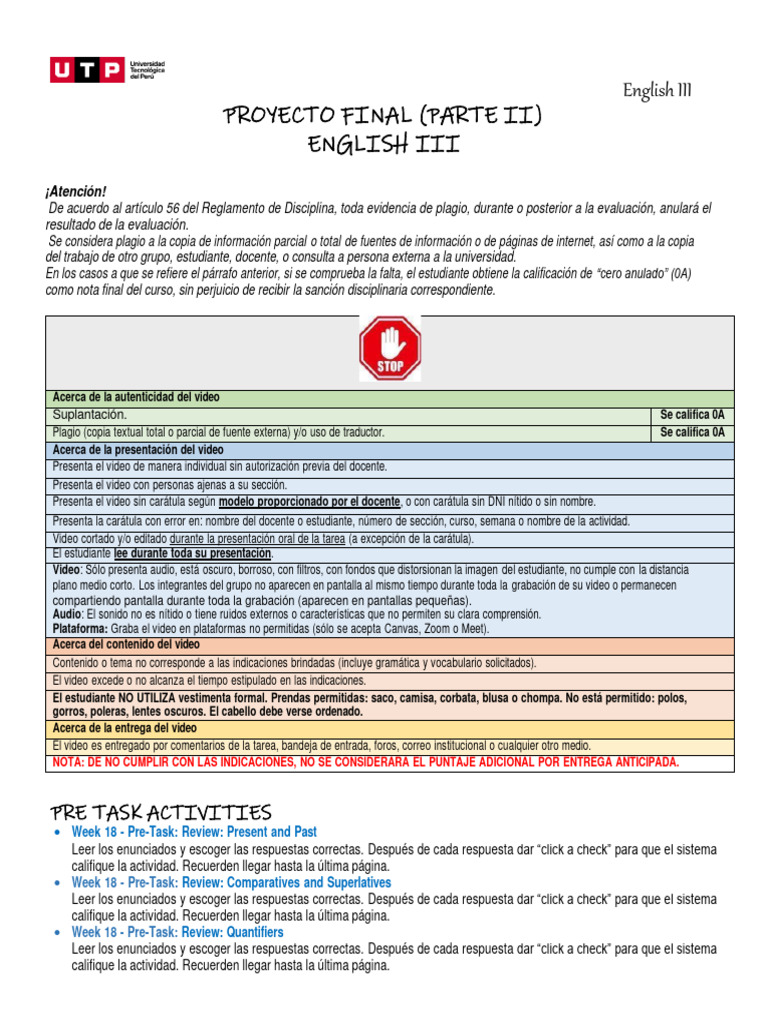 Week 18 - Indicaciones en español para el alumno - Inglés 3. (1) | PDF | Plagio | Comunicación ...
