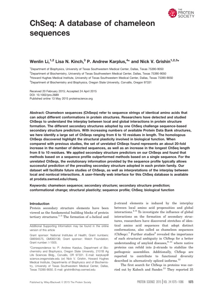 2015 ChSeq A Database of Chameleon Sequences | PDF | Protein Structure | Alpha Helix