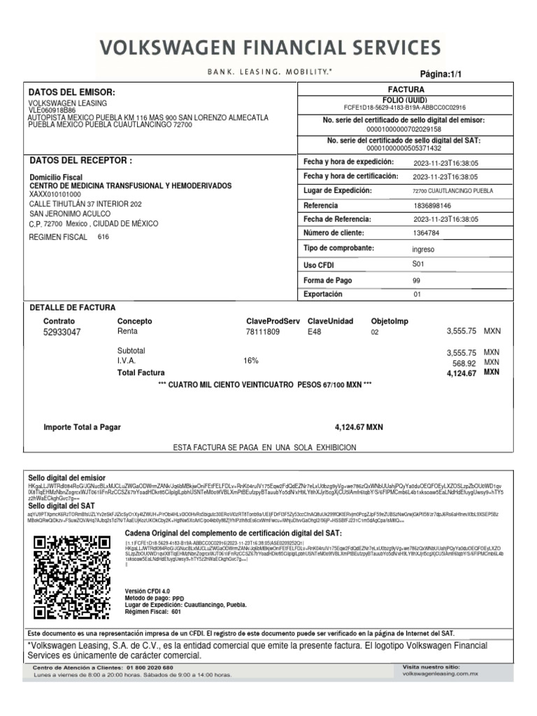 Factura Volkswagen Leasing Detalle | PDF | Industrias de servicio