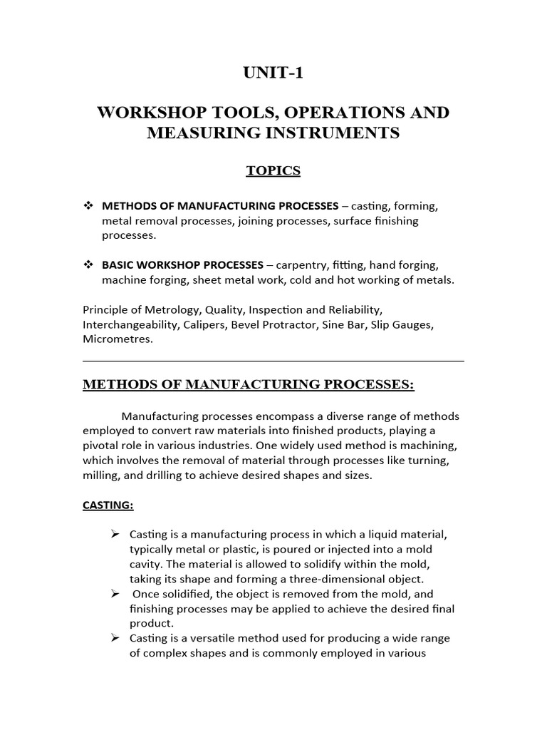 UNIT 1 - Tools Process and Measurements | Download Free PDF | Forging | Sheet Metal