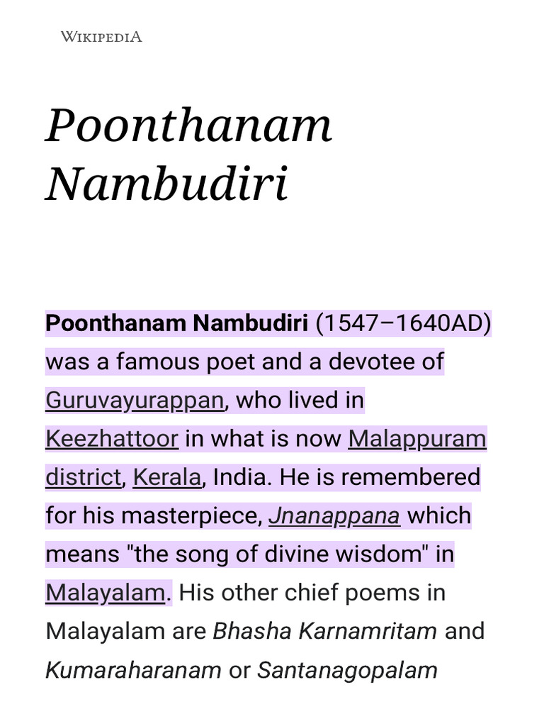 Poonthanam Nambudiri - Wikipedia | PDF | Indian Religions