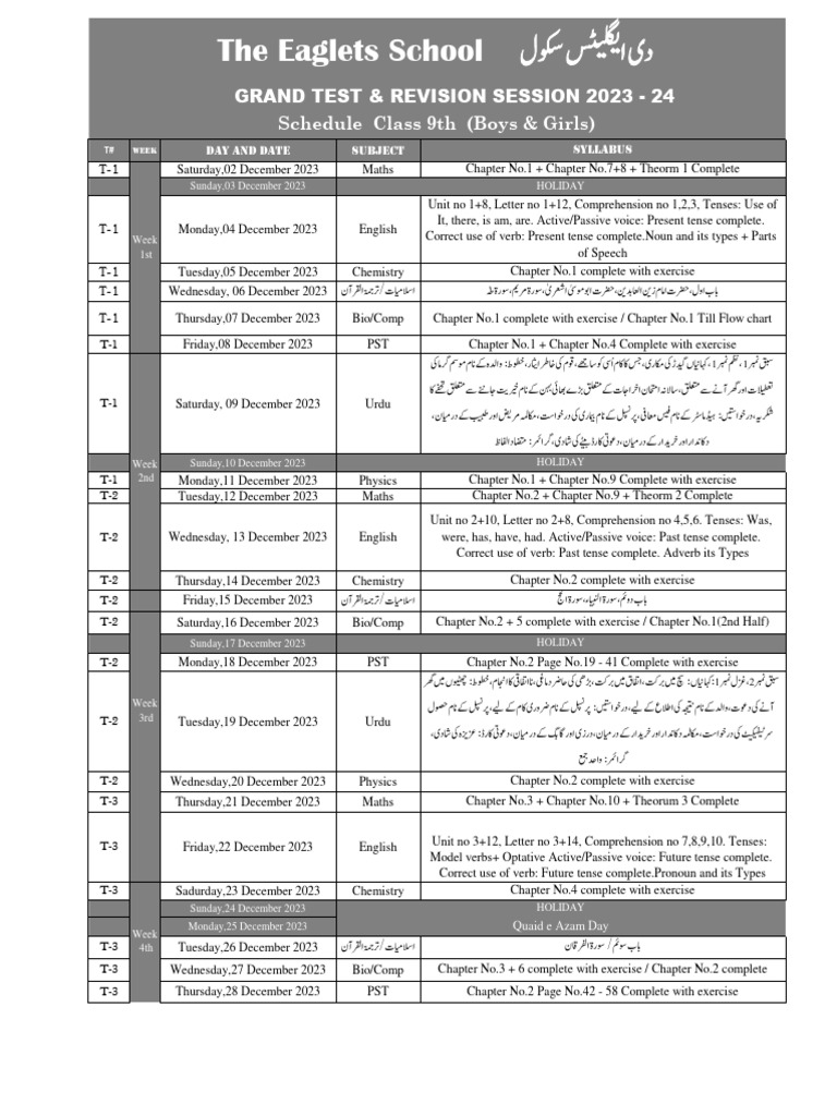 Test Schedule Class 9th Final 2024-1 | Download Free PDF | Verb ...
