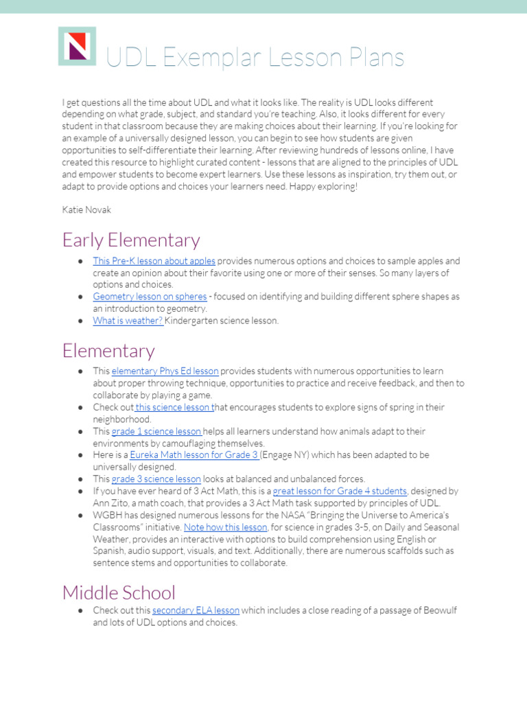 UDL Exemplar Lesson Plans Katie Novak | PDF | Lesson Plan | Learning