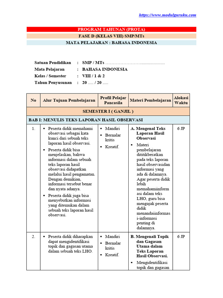 Prota Bahasa Indonesia Kelas 8 SMP | PDF
