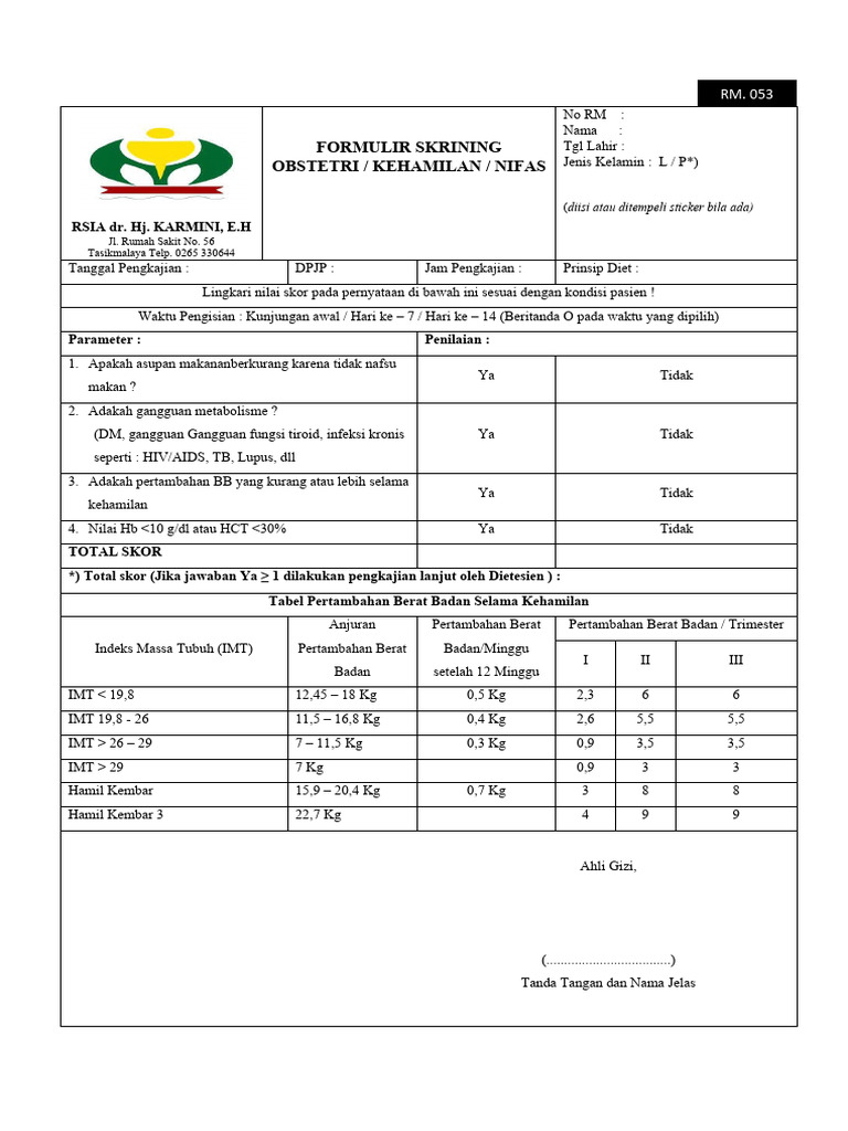 FORMULIR SKRINING IBU HAMIL No. RM | PDF