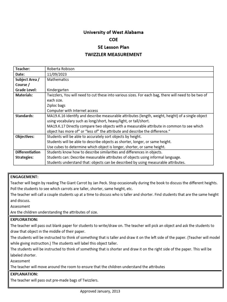 Robison Uwa 5e Lesson Plan Ed 405 Individual 2 Twizzler | PDF | Lesson ...