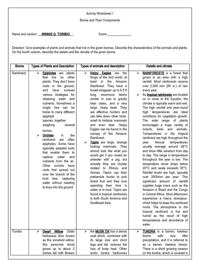 Activity Worksheet 1 Biome and Its Components | PDF | Rainforest ...